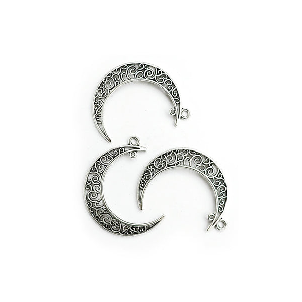 Ornate Moon Scroll Design Metal Charms, Silver Color, 3 charms - Bead Bee