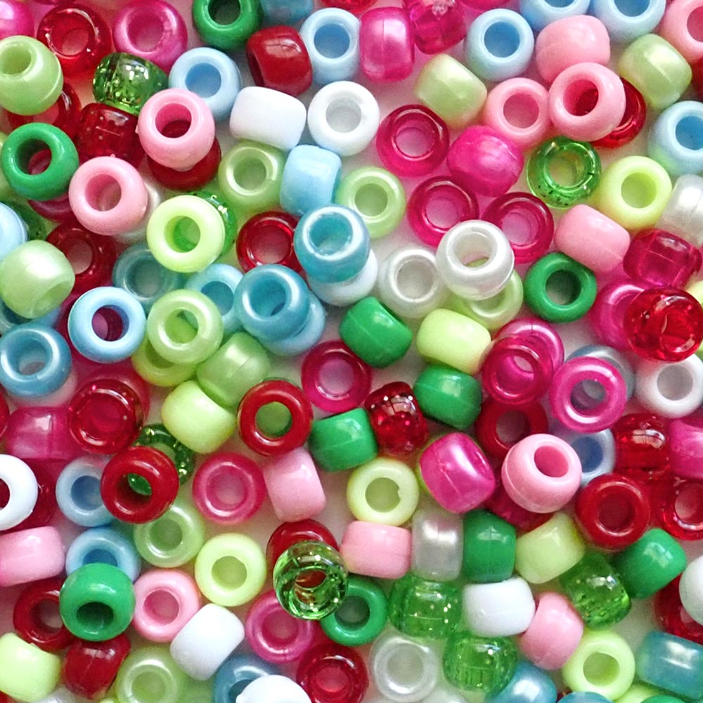 Christmas Festival Mix Plastic Pony Beads 6 x 9mm, 1500 beads - Bead Bee