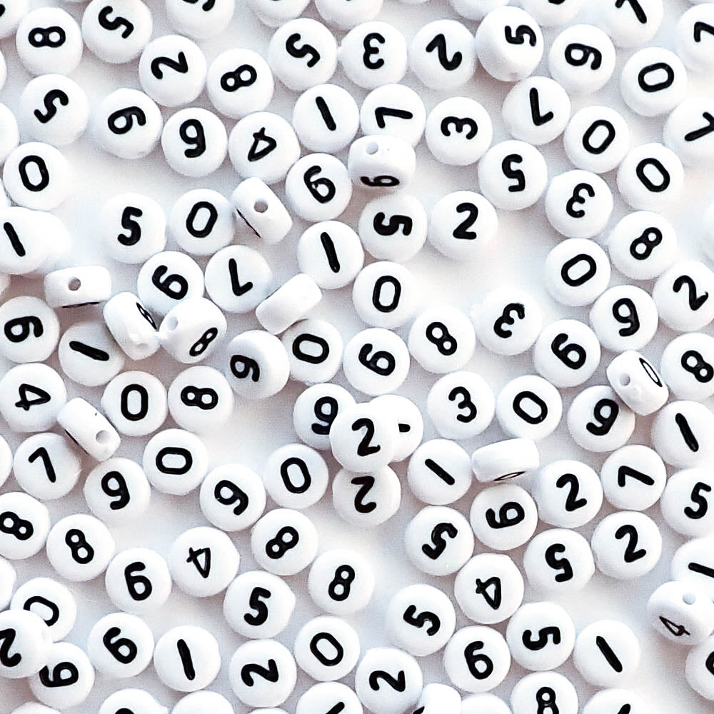 Plastic White 7mm Round Number Beads, Single Numbers, 100 beads - Bead Bee