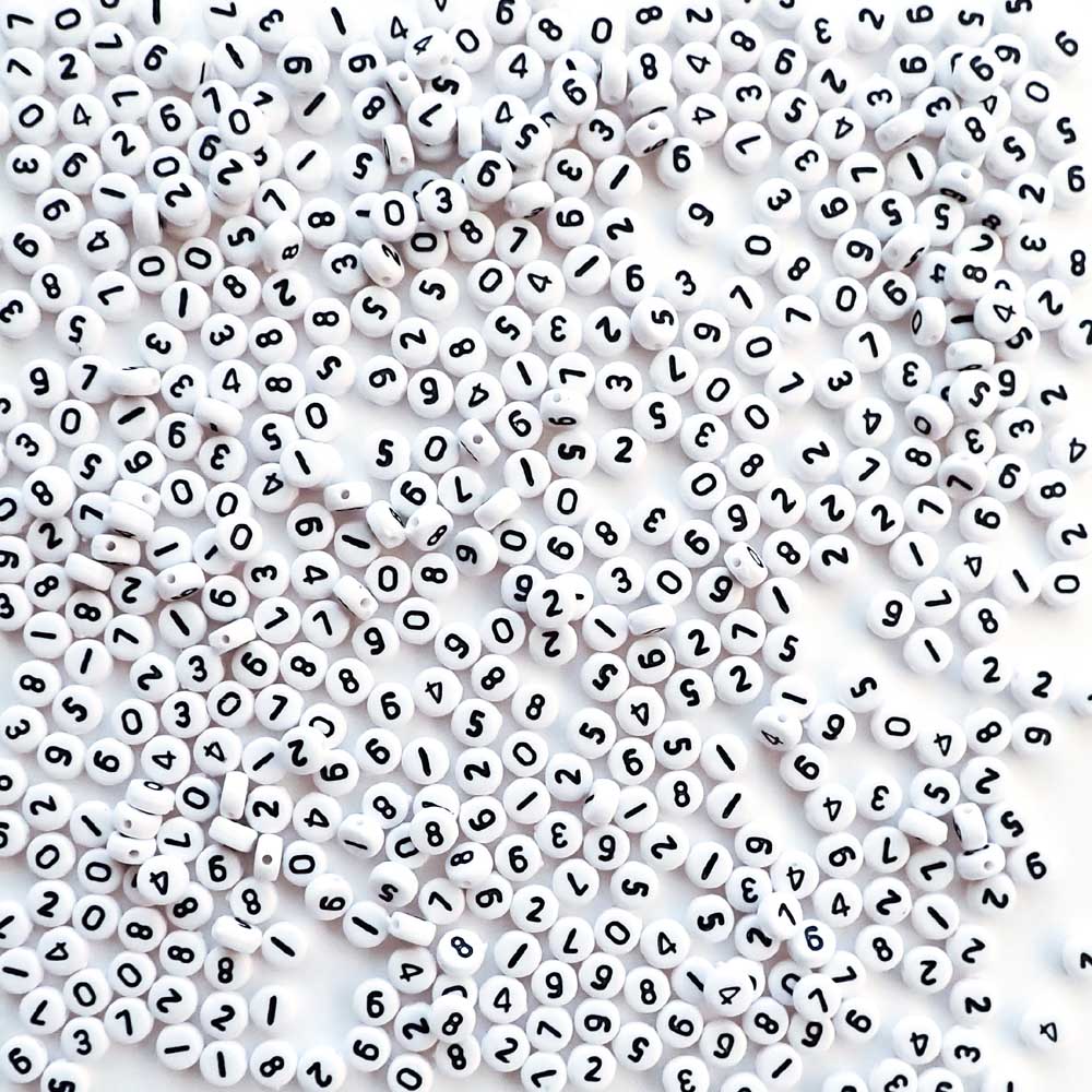 Plastic White Number Beads, Mixed Numbers, 7mm Round, 250 beads - Bead Bee