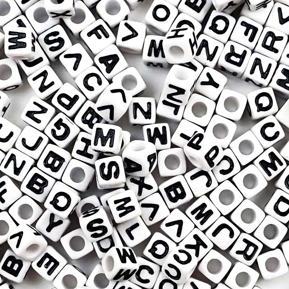 Plastic White 7mm Round Alphabet Beads, Black Single Letters, 100 bead ...